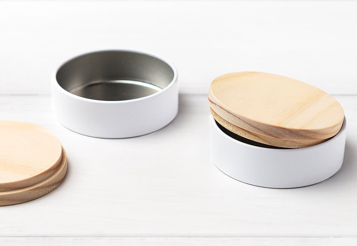 Round Tin Box with Wooden Lid | Small Storage & Gift Box